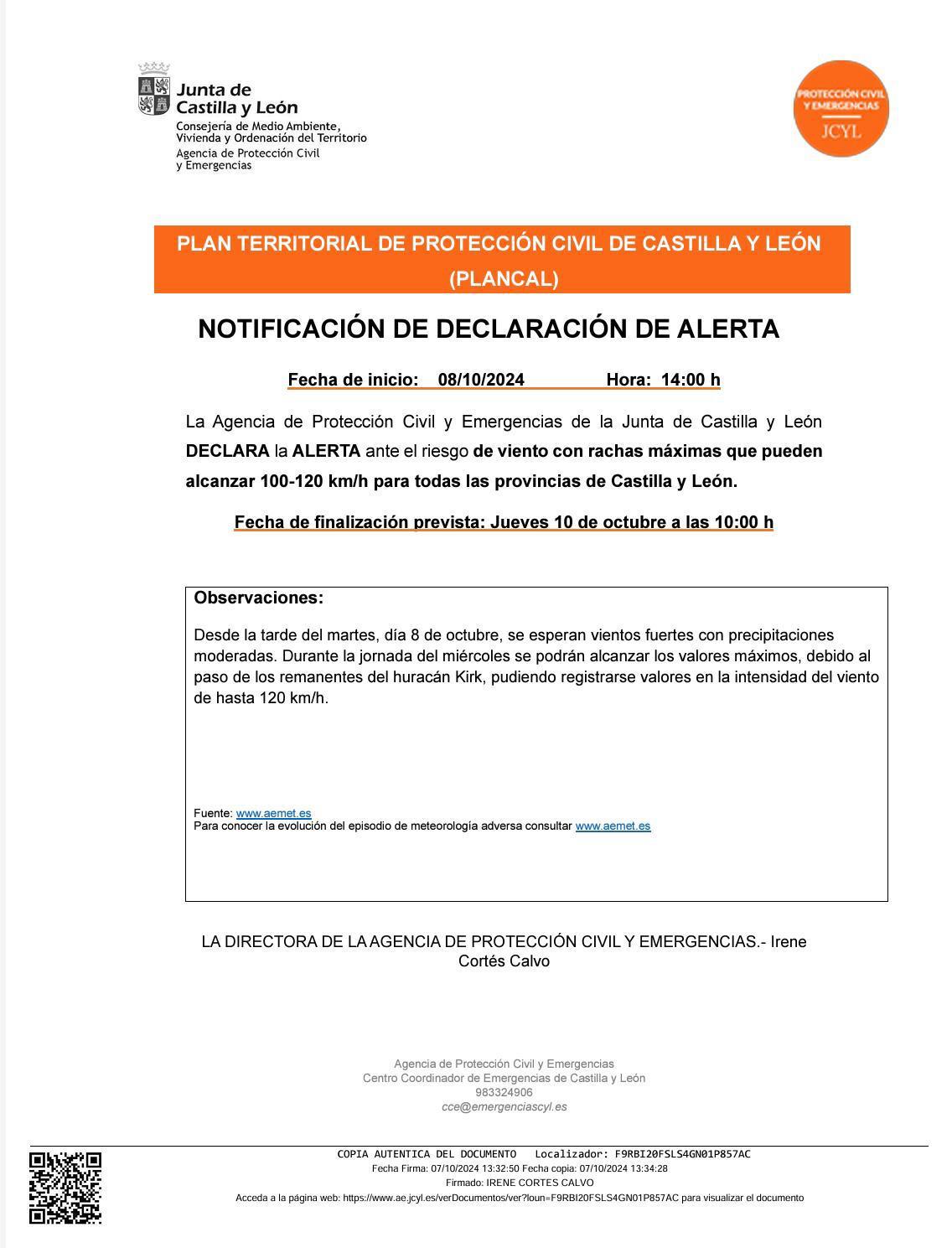DECLARACION DE ALERTA ANTE EL RIESGO DE FUERTES RACHAS DE VIENTO DEL 08 ...